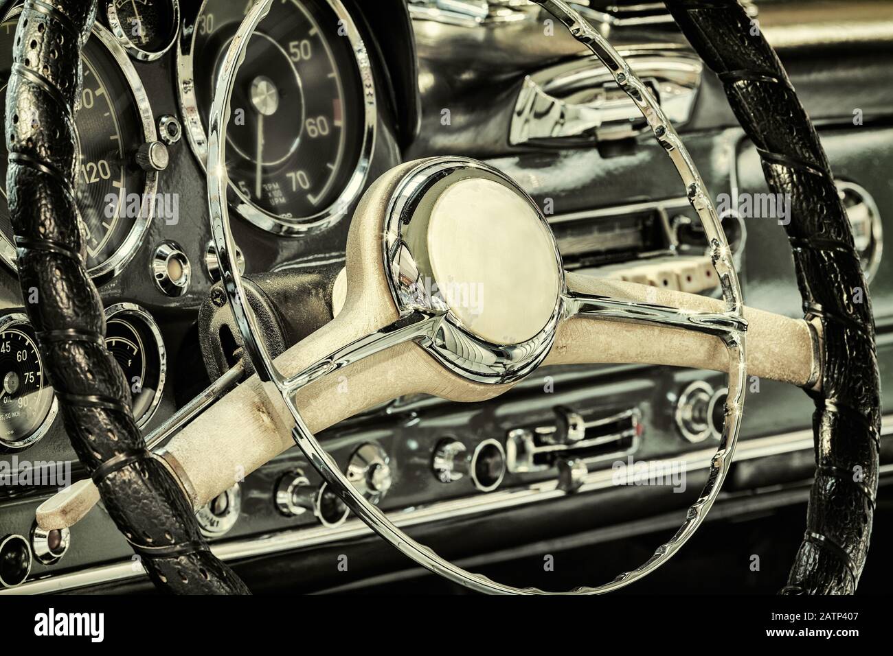 Retro styled image of the dashboard of a classic car Stock Photo - Alamy
