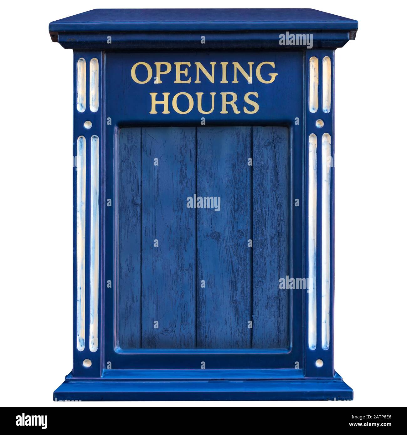 Wooden old blue opening hours sign isolated on a white background Stock ...