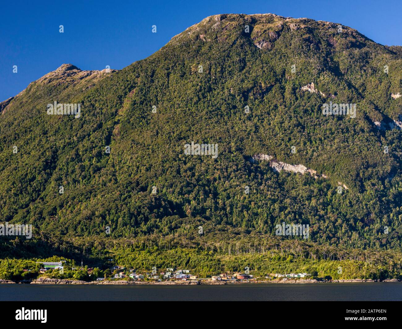 Mountain covered with Valdivian temperate rainforest over village of ...