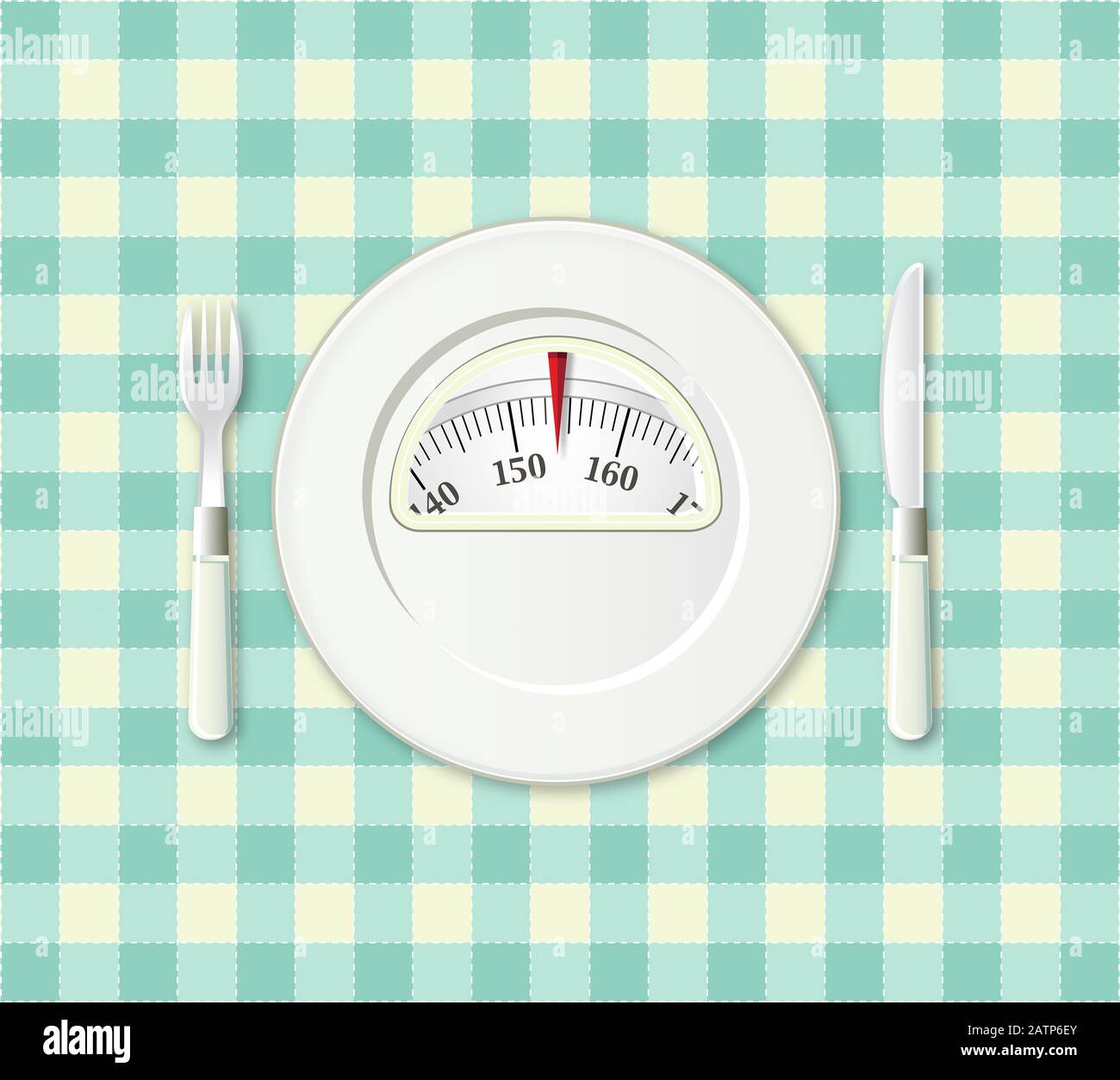 Plate with fork and knife on a plaid with a weight balance scale ...