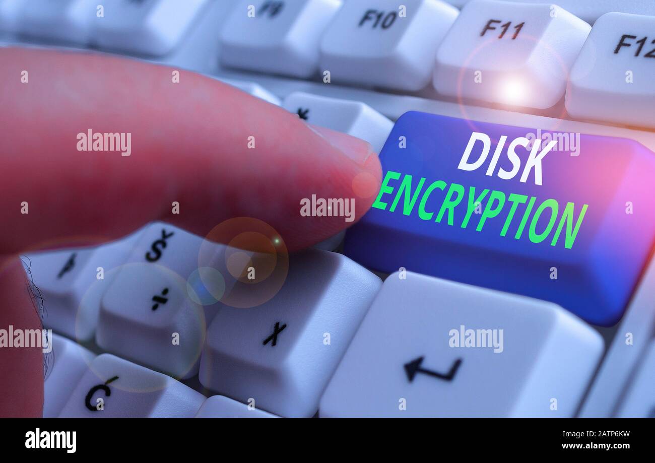 Writing note showing Disk Encryption. Business concept for the security mechanism used to ...