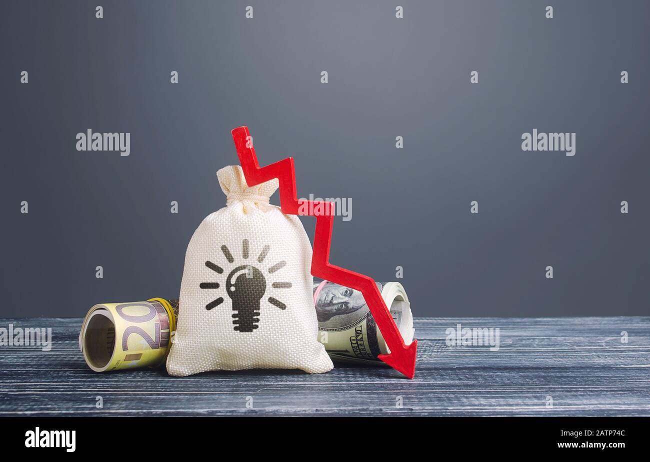 Bag with ideas patents and red down arrow. Unsuccessful unprofitable ...