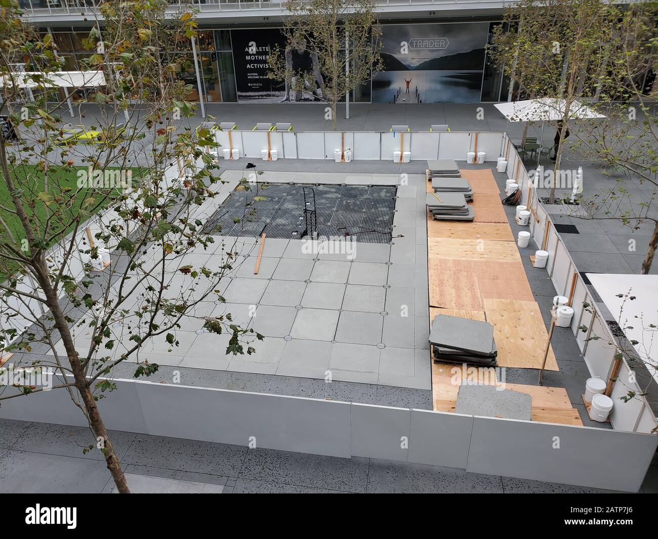 Aerial view of construction site during fountain repair at City Center ...