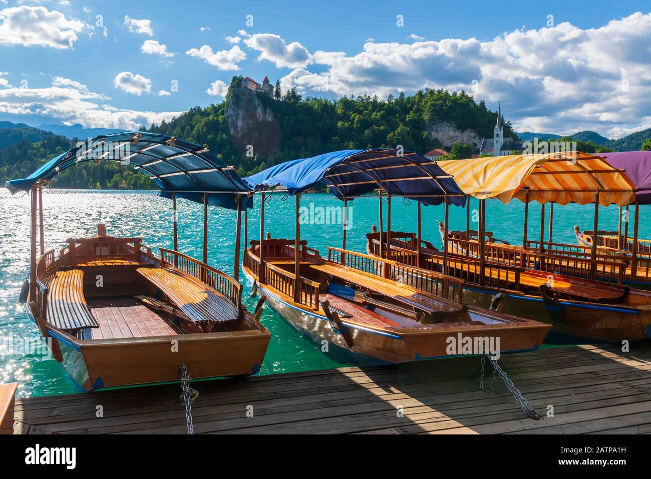 Touristic boats on a Bled Lake. Popular summer vacation destination in ...