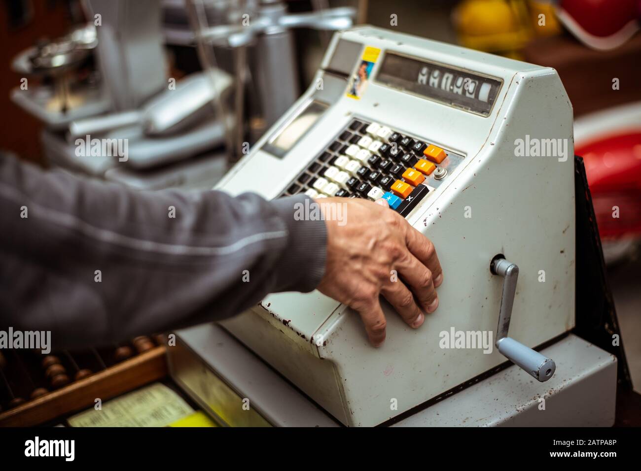 Male hand with Vintage soviet cash register with buttons Stock Photo ...