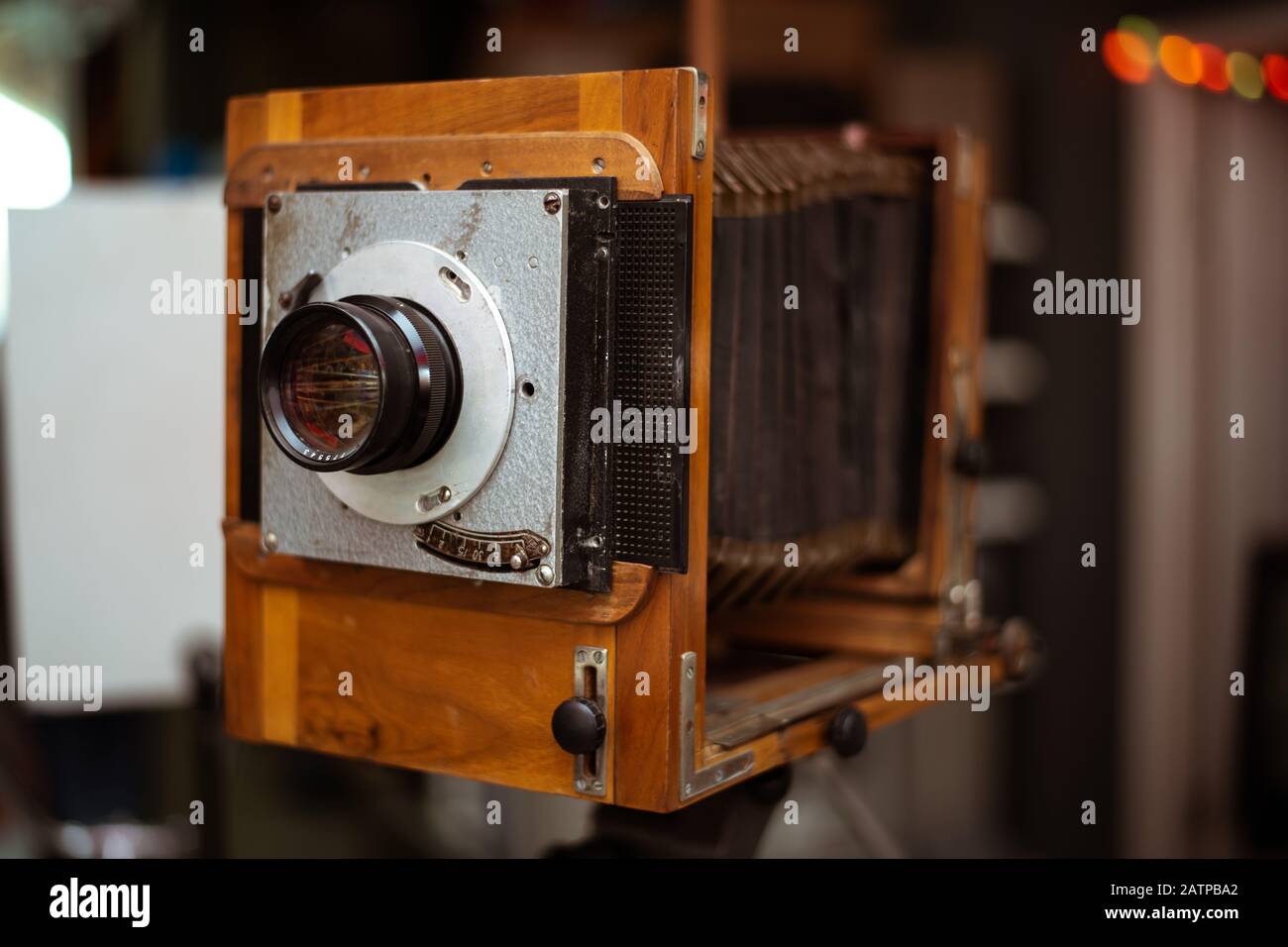 Vintage soviet accordion camera on a tripod. Exposition at the Museum ...