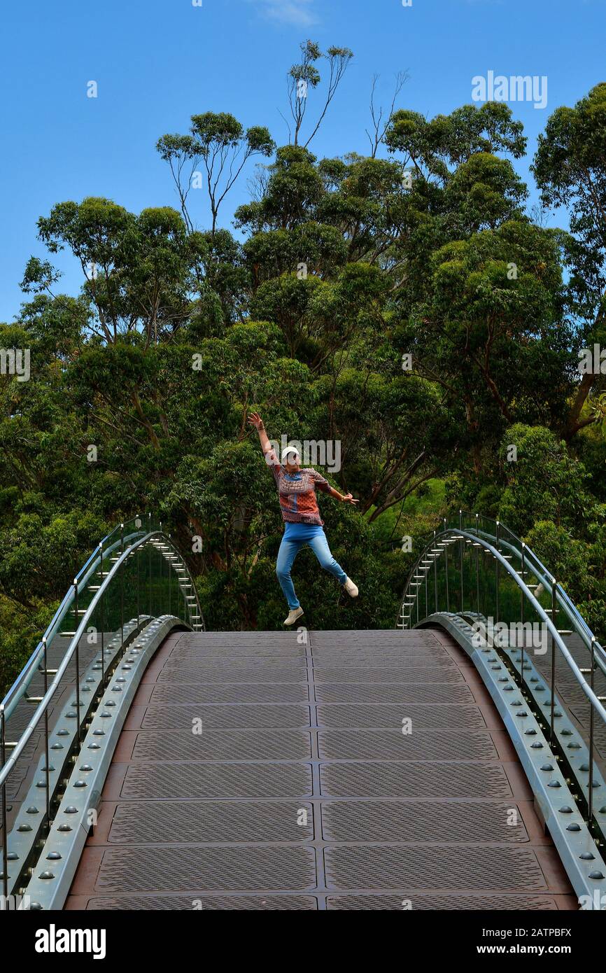 Australia, Perth, woman jumping on bridge of tree top walk in public ...
