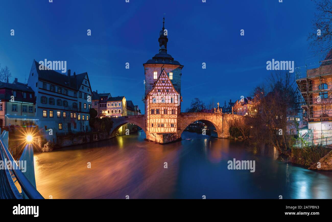 Panoramic view of Old town hall or Altes Rathaus with two bridges over ...
