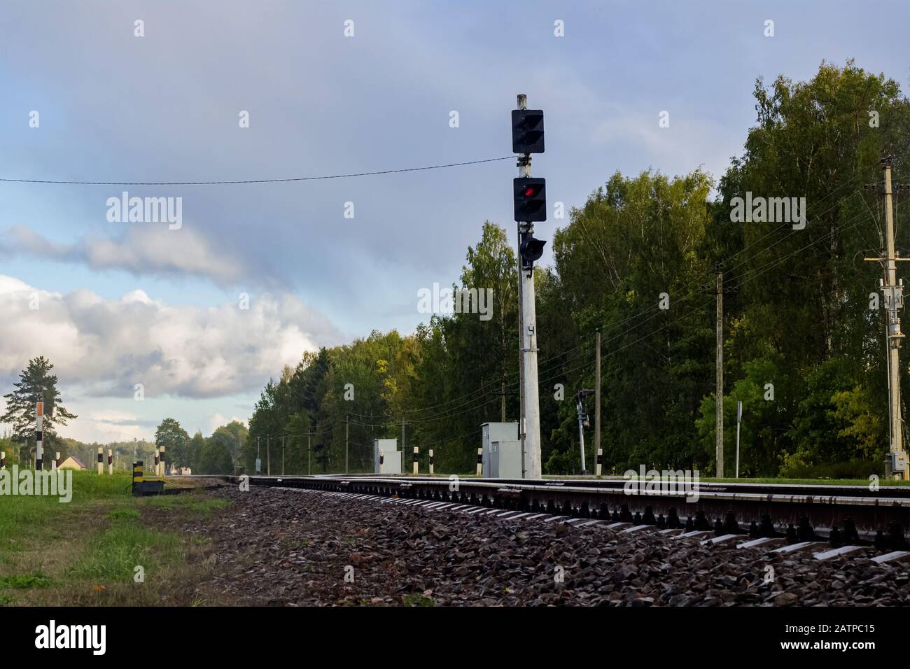 Railroad rails and traffic light with a red light bulb Stock Photo - Alamy