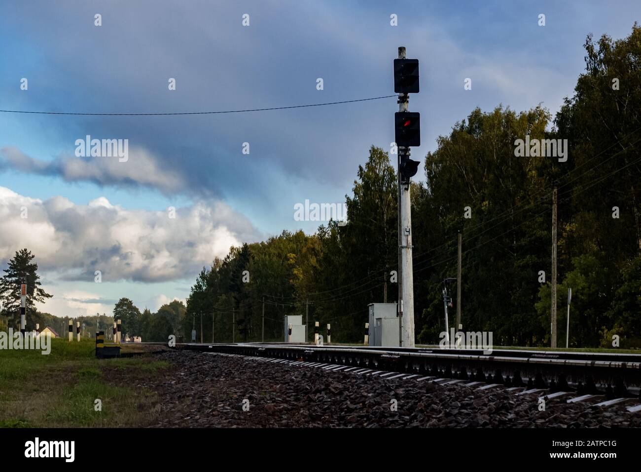 Railroad rails and traffic light with a red light bulb Stock Photo - Alamy