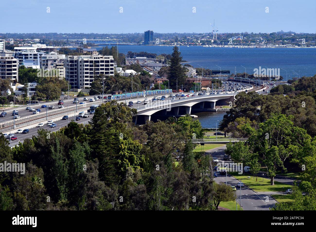 Australia, traffic on Narrow bridge with cars and railway Stock Photo ...
