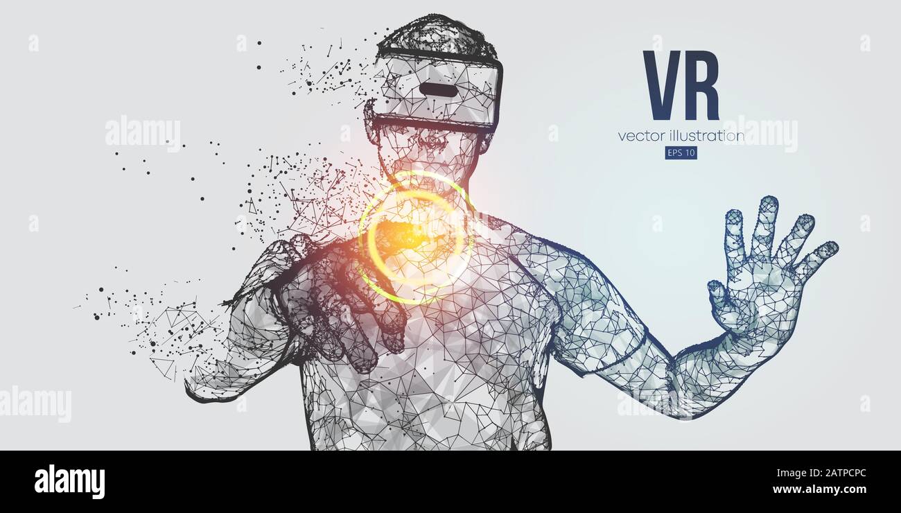 VR headset holographic low poly wireframe vector banner. Polygonal man ...