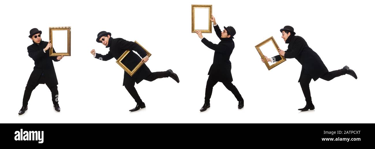 The young man holding frame isolated on white Stock Photo - Alamy