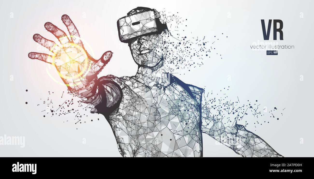 VR headset holographic low poly wireframe vector banner. Polygonal man ...