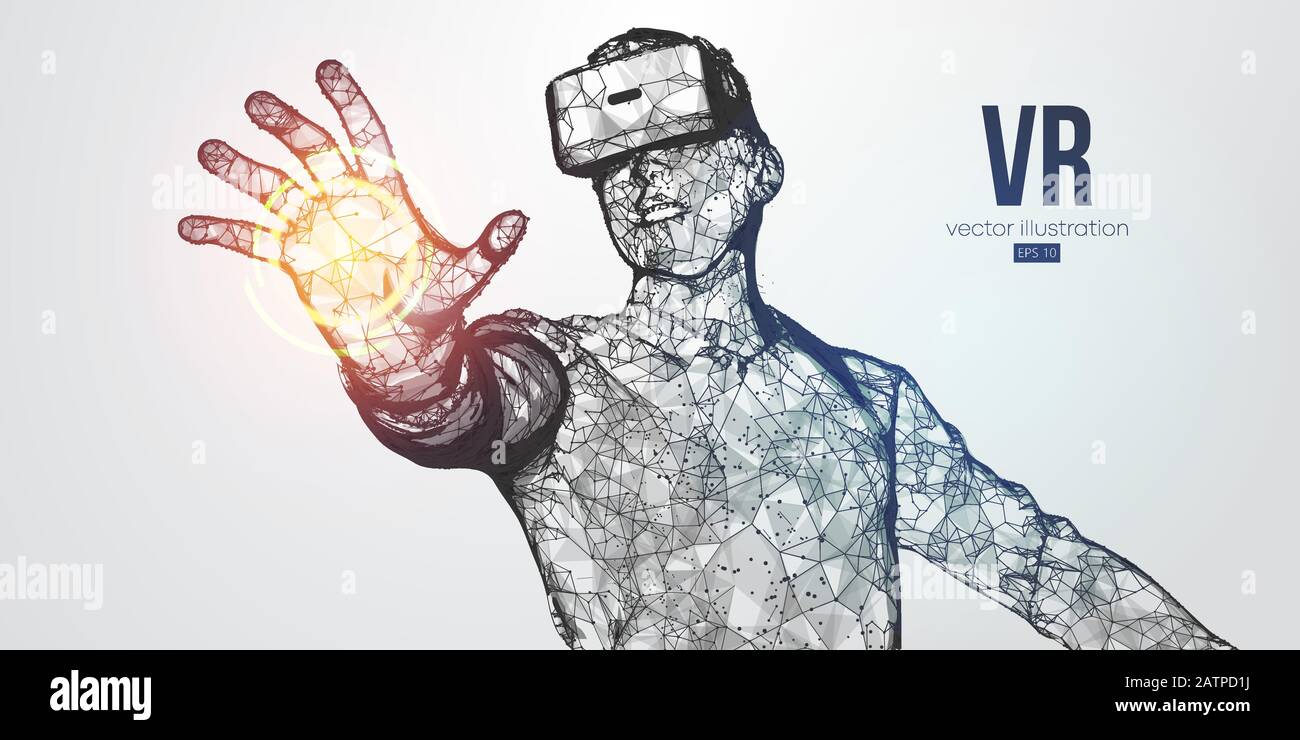 VR headset holographic low poly wireframe vector banner. Polygonal man ...