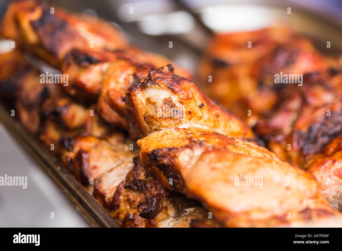 Delicious bbq kebab grilling on open grill, outdoor kitchen. Food ...