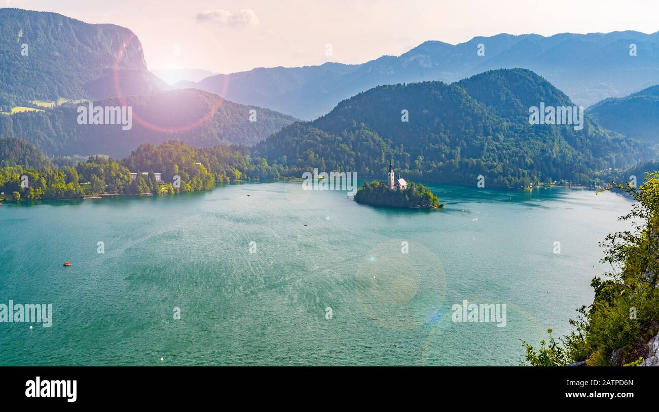 Bled Lake panorama from above Stock Photo - Alamy