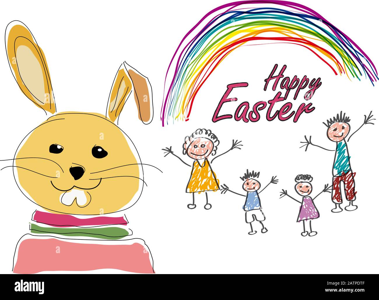 Vector drawing made by a child, happy family and rabbit. Vacation ...