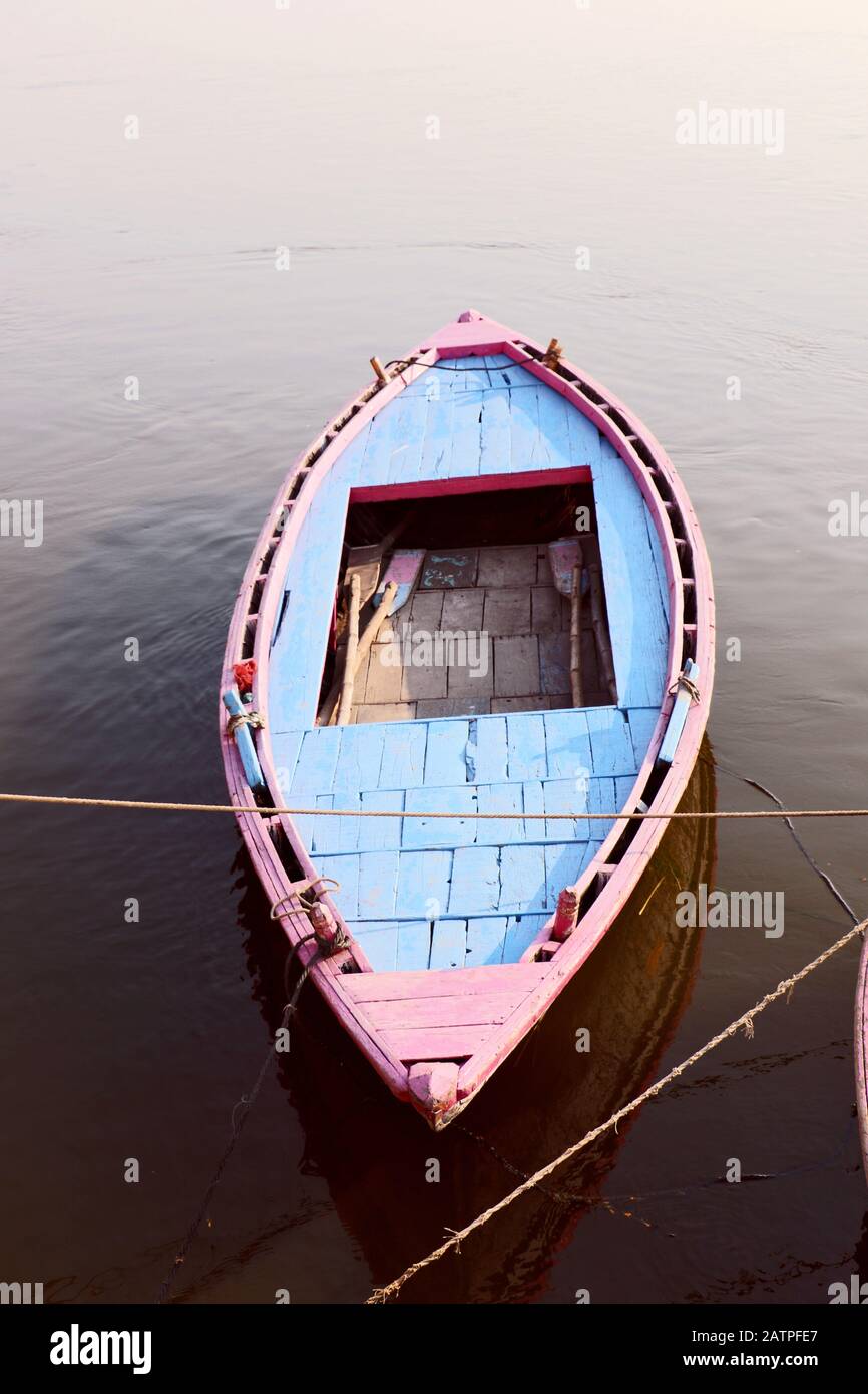 Boats are hangared at the bank of Ganga River near Assi Ghat at early ...