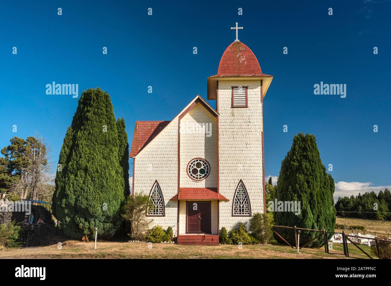 Capilla Santa Cruz in village of Los Riscos over Lago Llanquihue, Los ...
