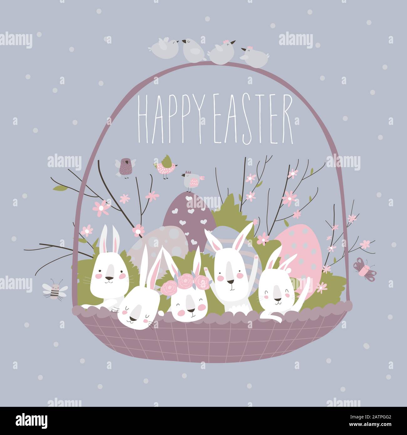 Cute cartoon bunny with Easter eggs and flowers Stock Vector Image ...