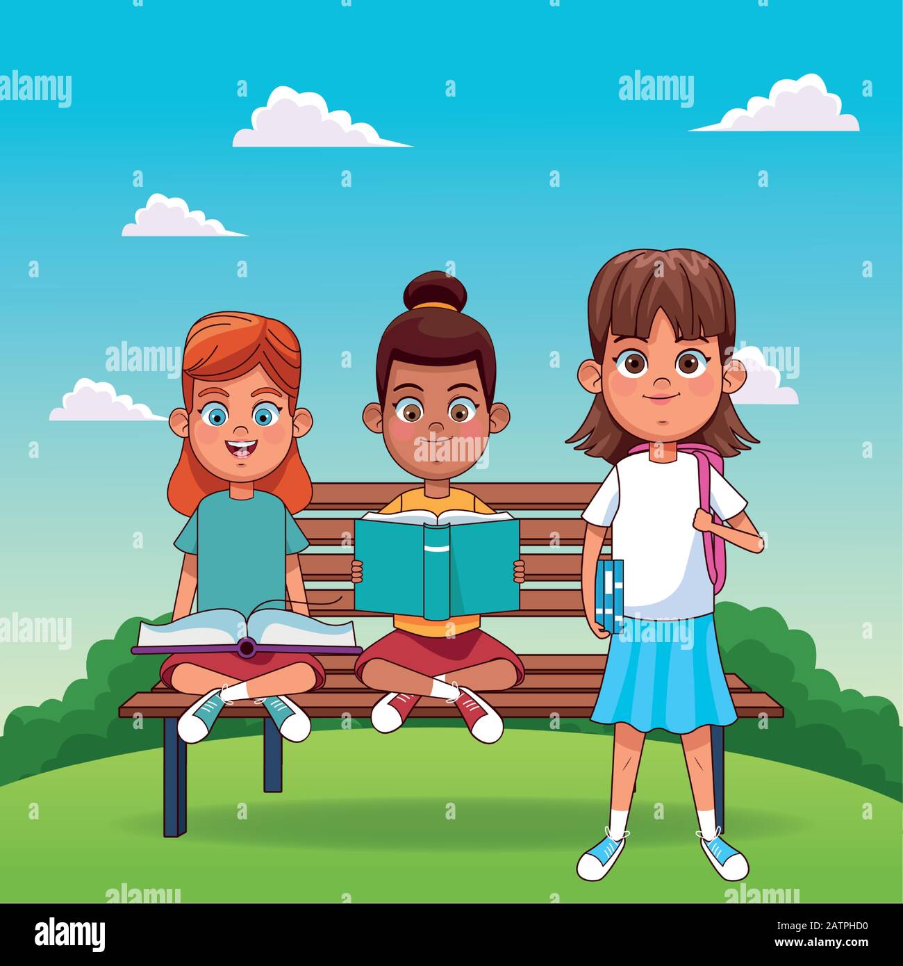 cartoon happy girls with book sitting on a bench and girl standing ...