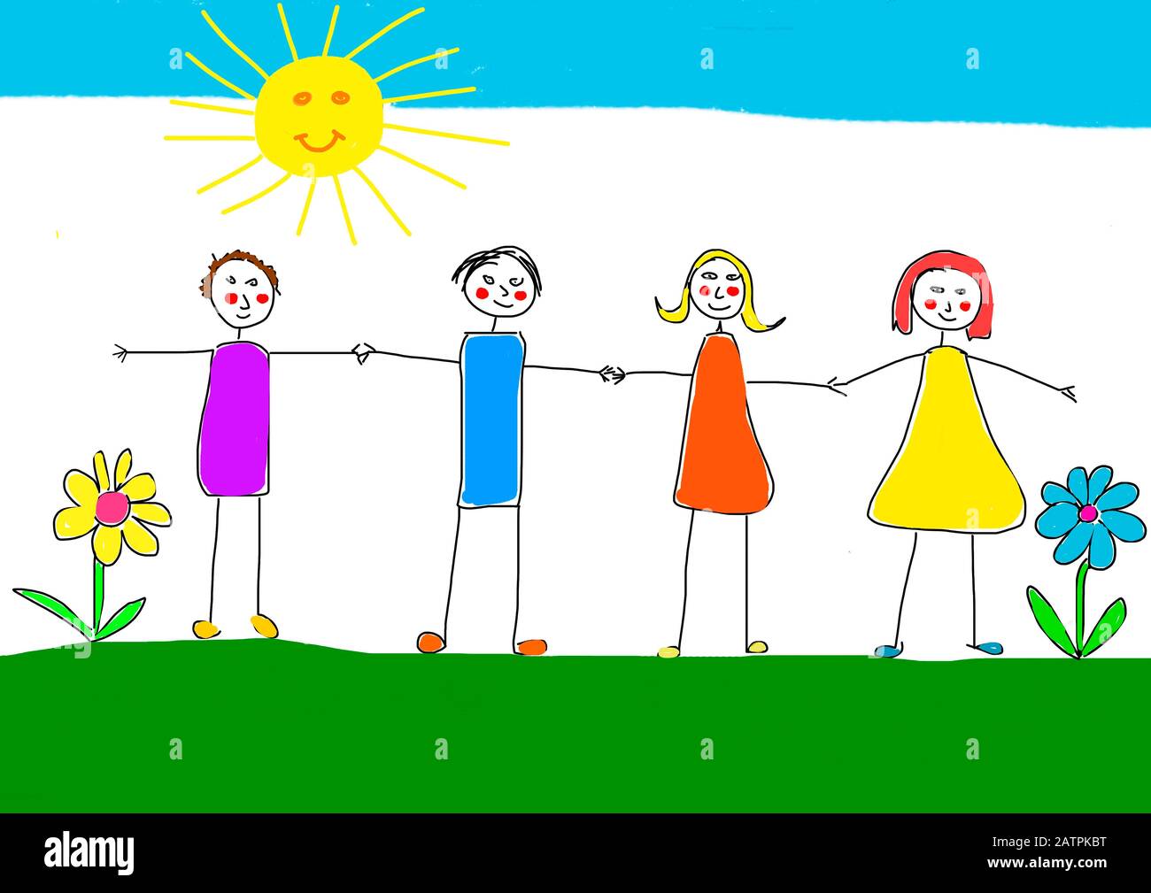 Naive illustration, Children's drawing, Happy children standing hand in ...