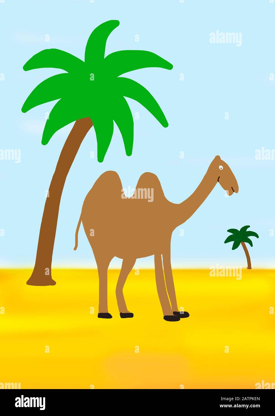 Naive illustration, children's drawing, camel stands in the desert ...