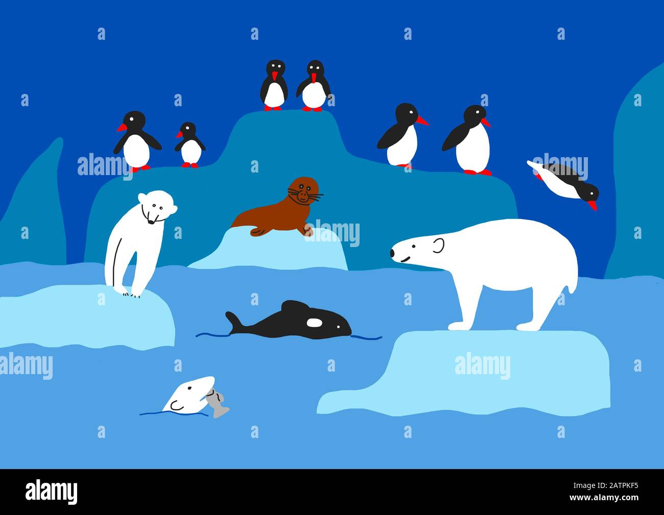 Naive illustration, children's drawing, penguin, polar bear and seal ...