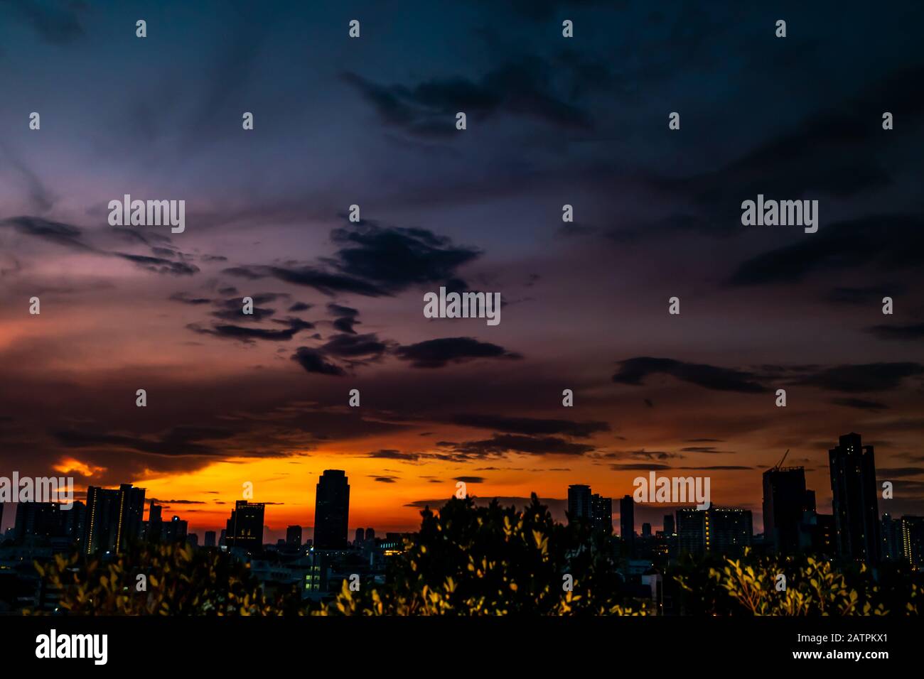 Natural Sunset in evening downtown silhouette at bangkok. Bright ...