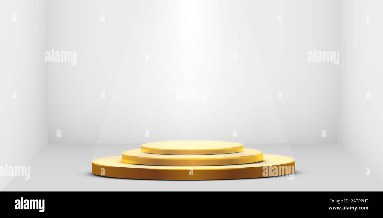 Round golden podium, pedestal or platform illuminated by spotlights on ...
