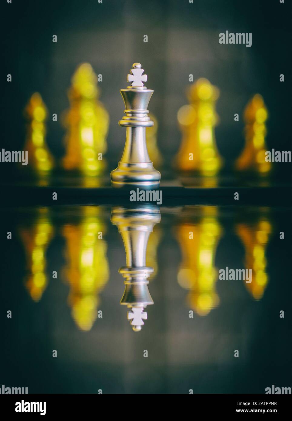 Several chess pieces and their reflection in the water, mounting Stock ...