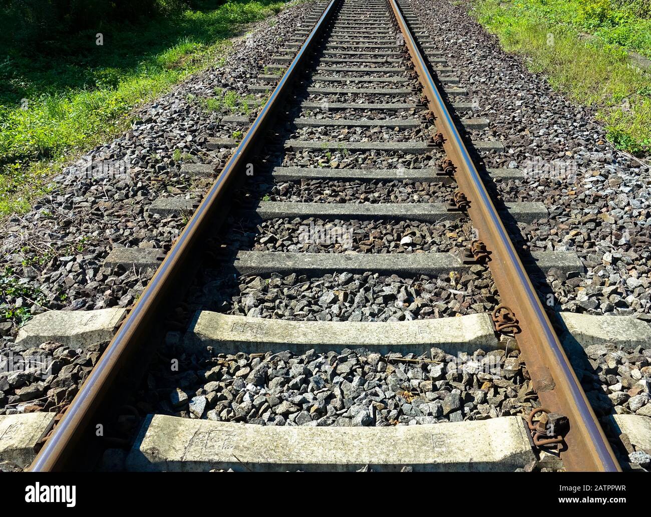Railway train tracks in the sunny landscape Stock Photo - Alamy