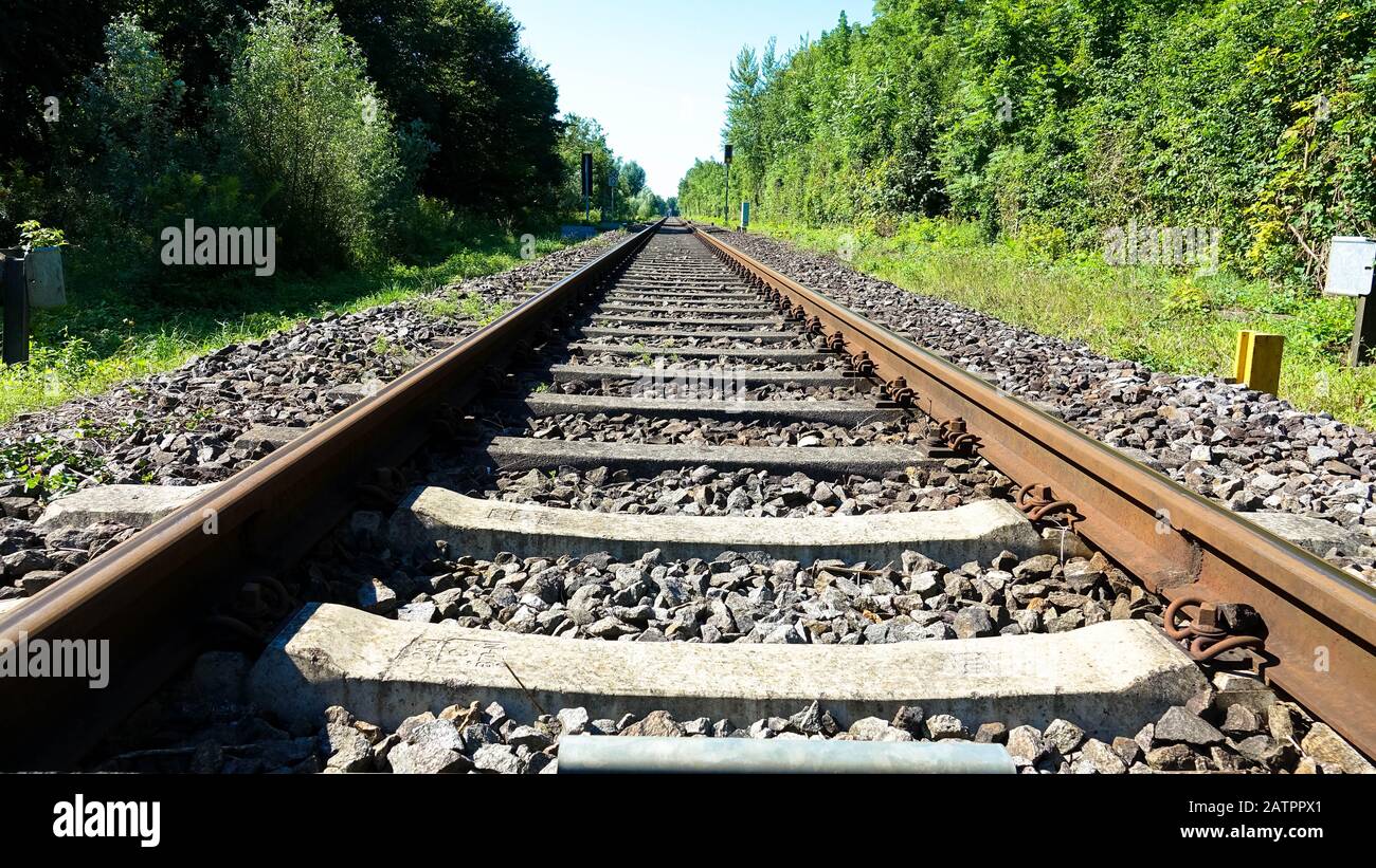 Railway train tracks in the sunny landscape Stock Photo - Alamy