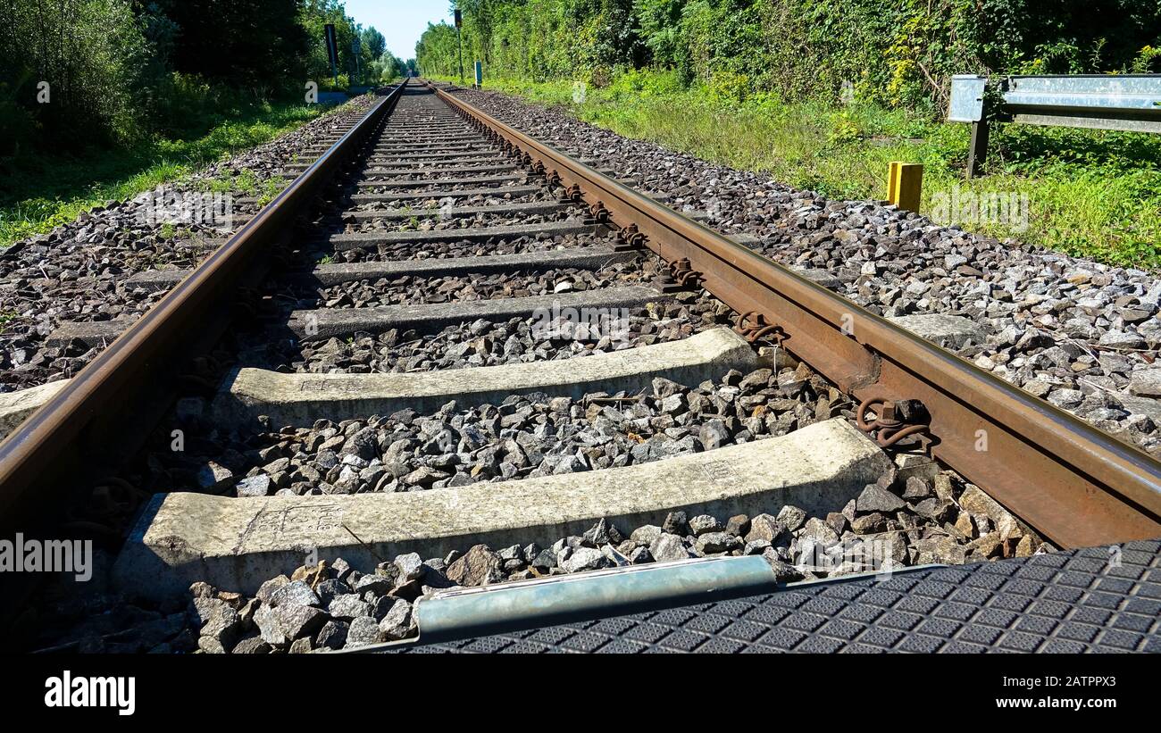 Railway train tracks in the sunny landscape Stock Photo - Alamy