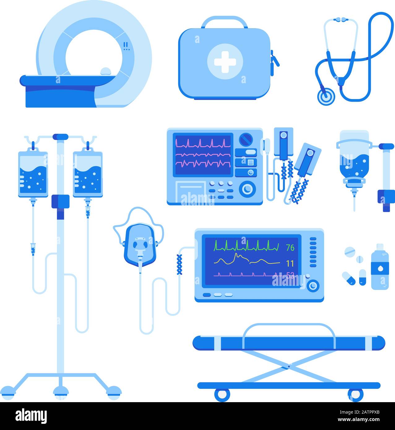 Professional medical equipment set of MRI, a defibrillator, an oxygen ...