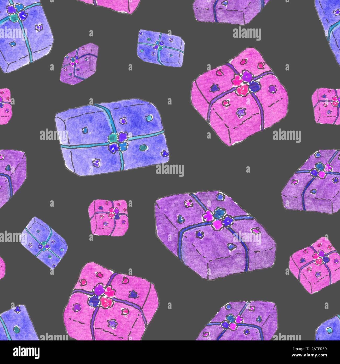 Seamless pattern with pink, blue and purple presents boxes. Watercolor ...