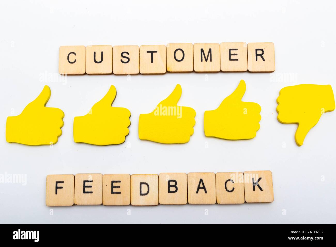 Customer feedback concept showing five yellow hands isolated on a plain ...