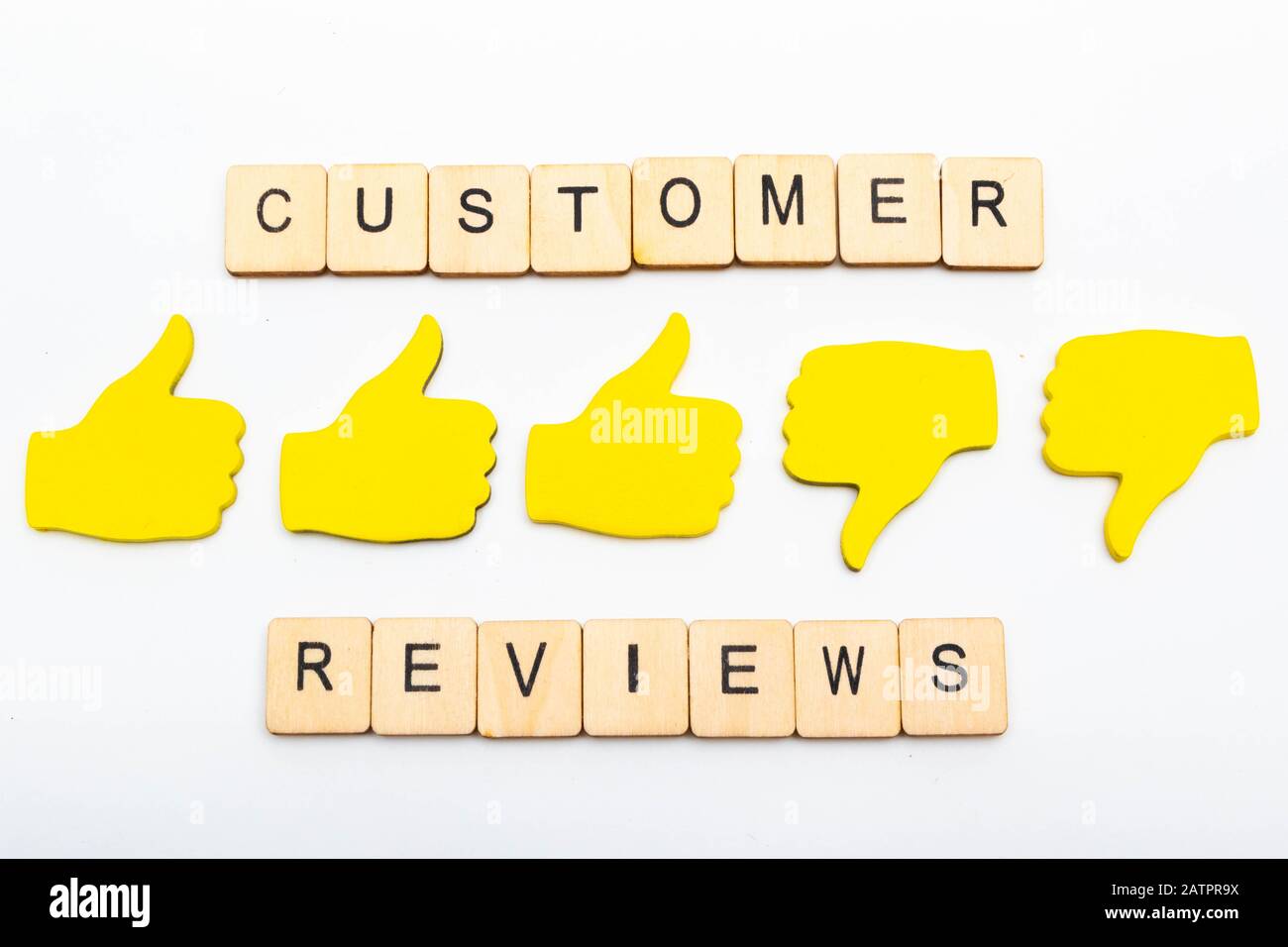 Customer feedback concept showing five yellow hands isolated on a plain ...