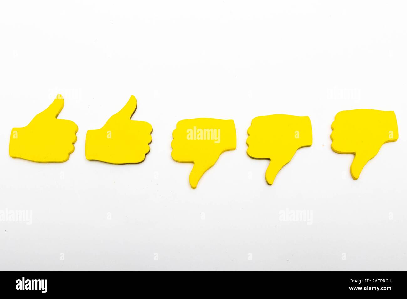 Customer feedback concept showing five yellow hands isolated on a plain ...