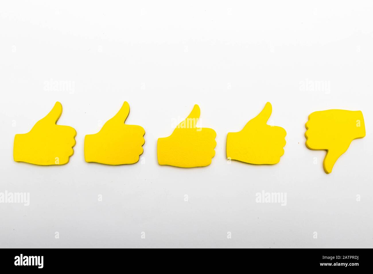 Customer feedback concept showing five yellow hands isolated on a plain ...