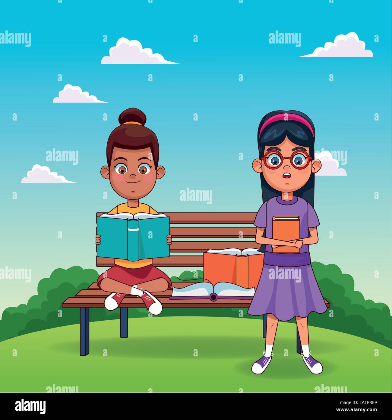 cartoon girl reading a book sitting on a bench and girl standing ...