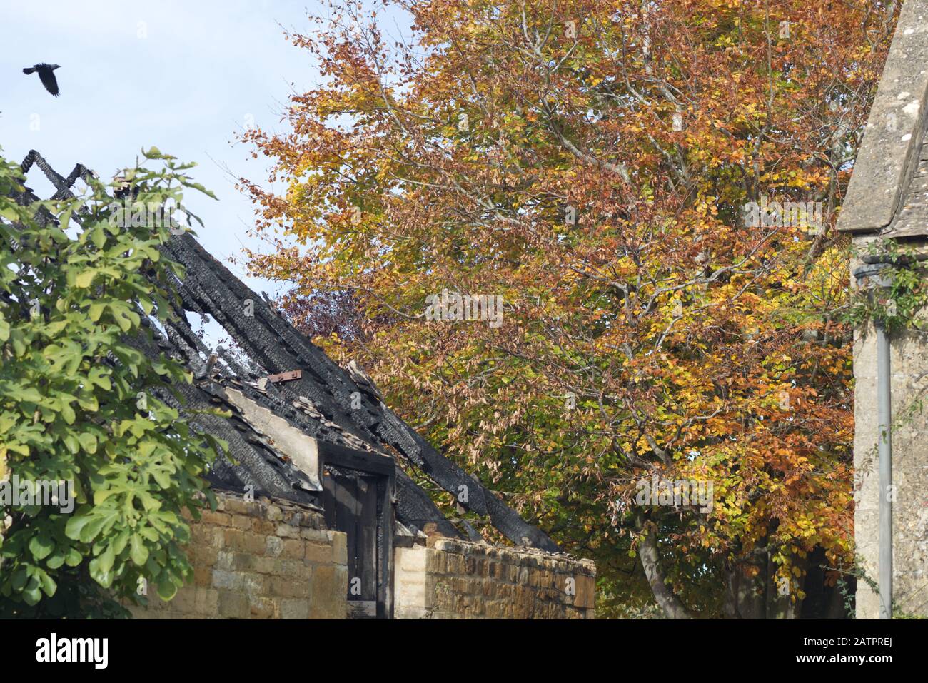 Burnt out stone cottage roof in Stanton, Cotswolds Stock Photo - Alamy