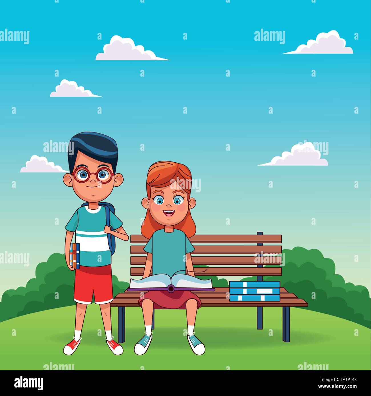 cartoon boy standing nex to a girl reading a book sitting on a bench ...