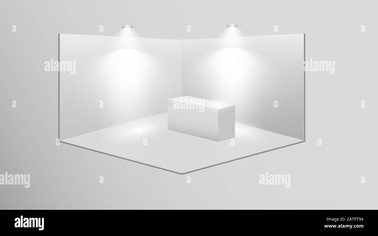 3D exhibition booth. White empty promotional stand with desk. Vector ...
