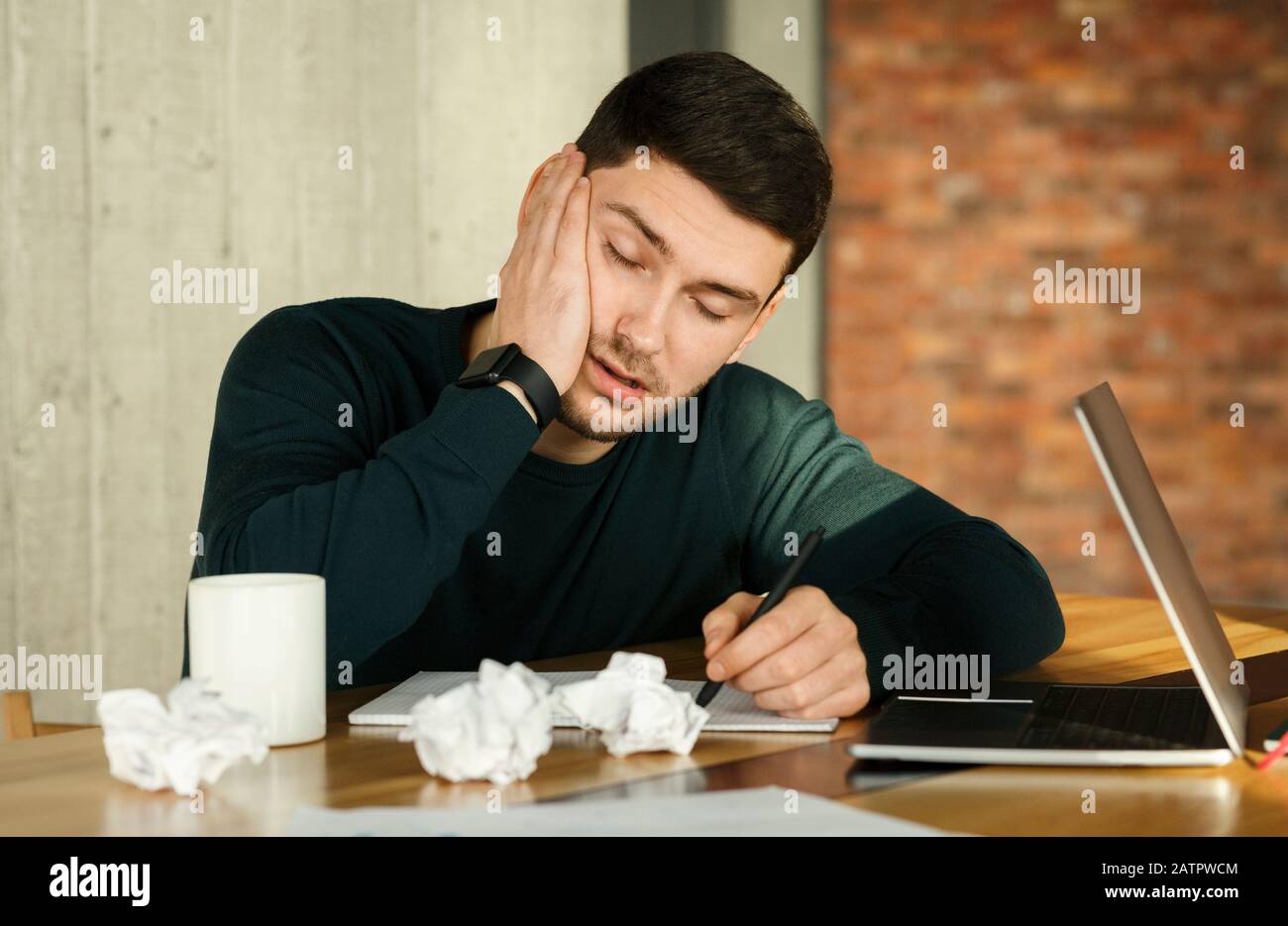 Exhausted Man Sleeping In Front Of Computer In Office Stock Photo - Alamy