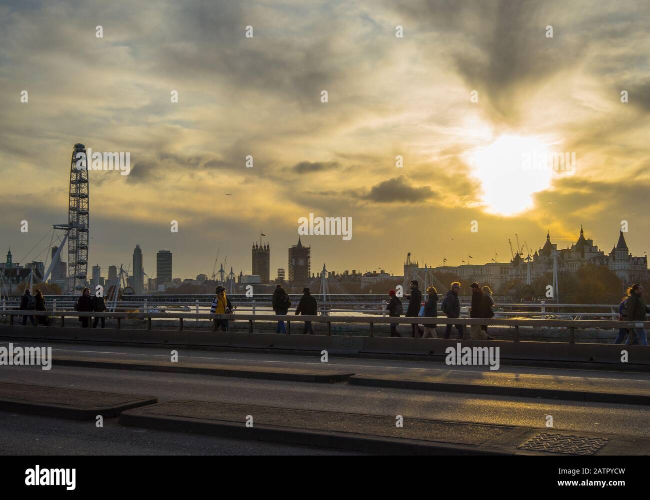The London Eye and Houses of Parliament at sunset viewed from Waterloo ...