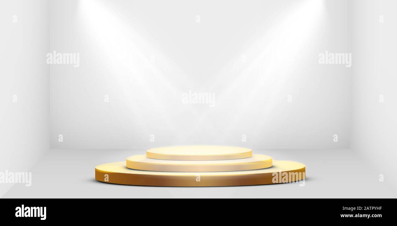 Round golden podium, pedestal or platform illuminated by spotlights on ...