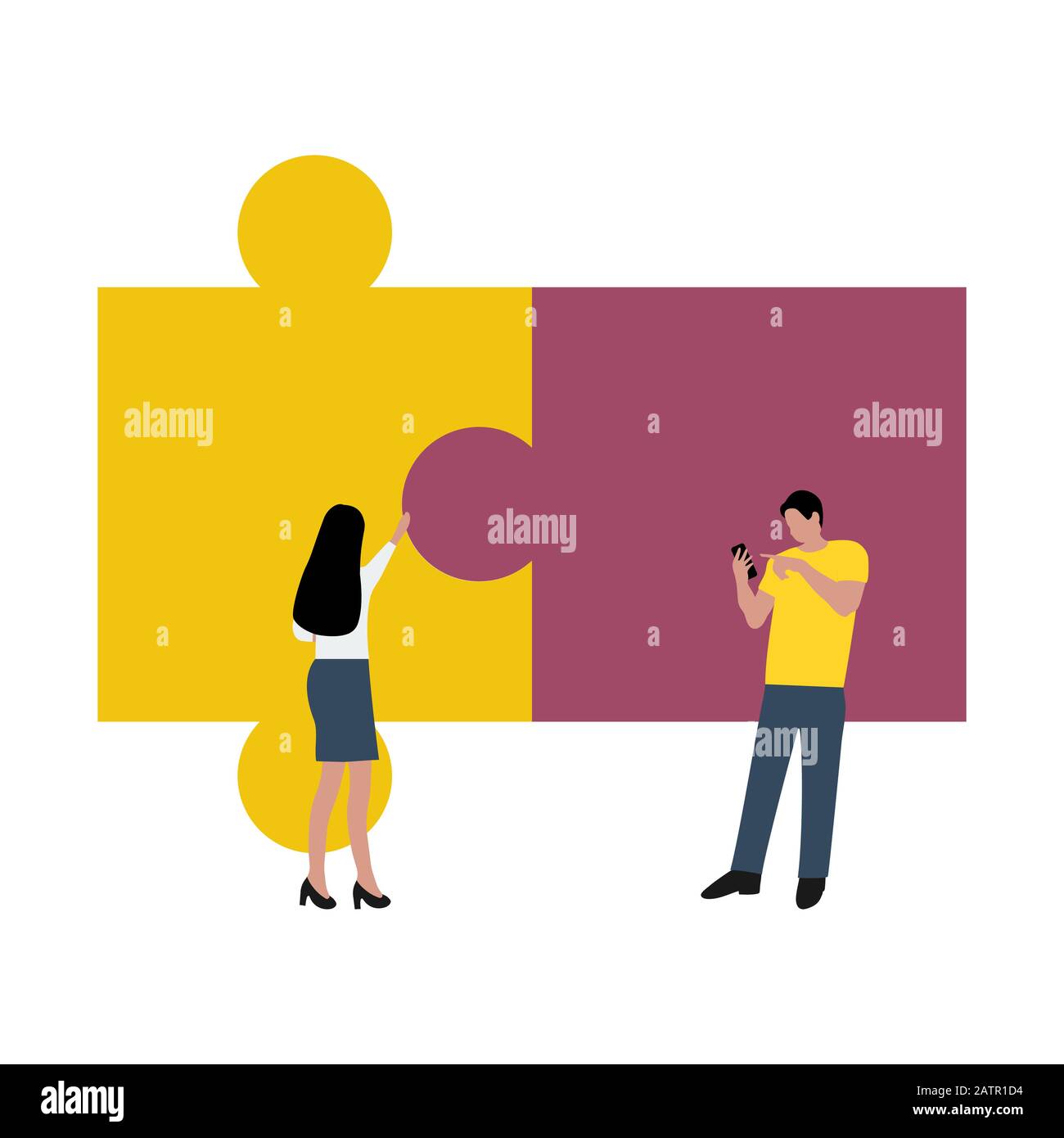 People connected puzzle pieces. Performing work according to the ...