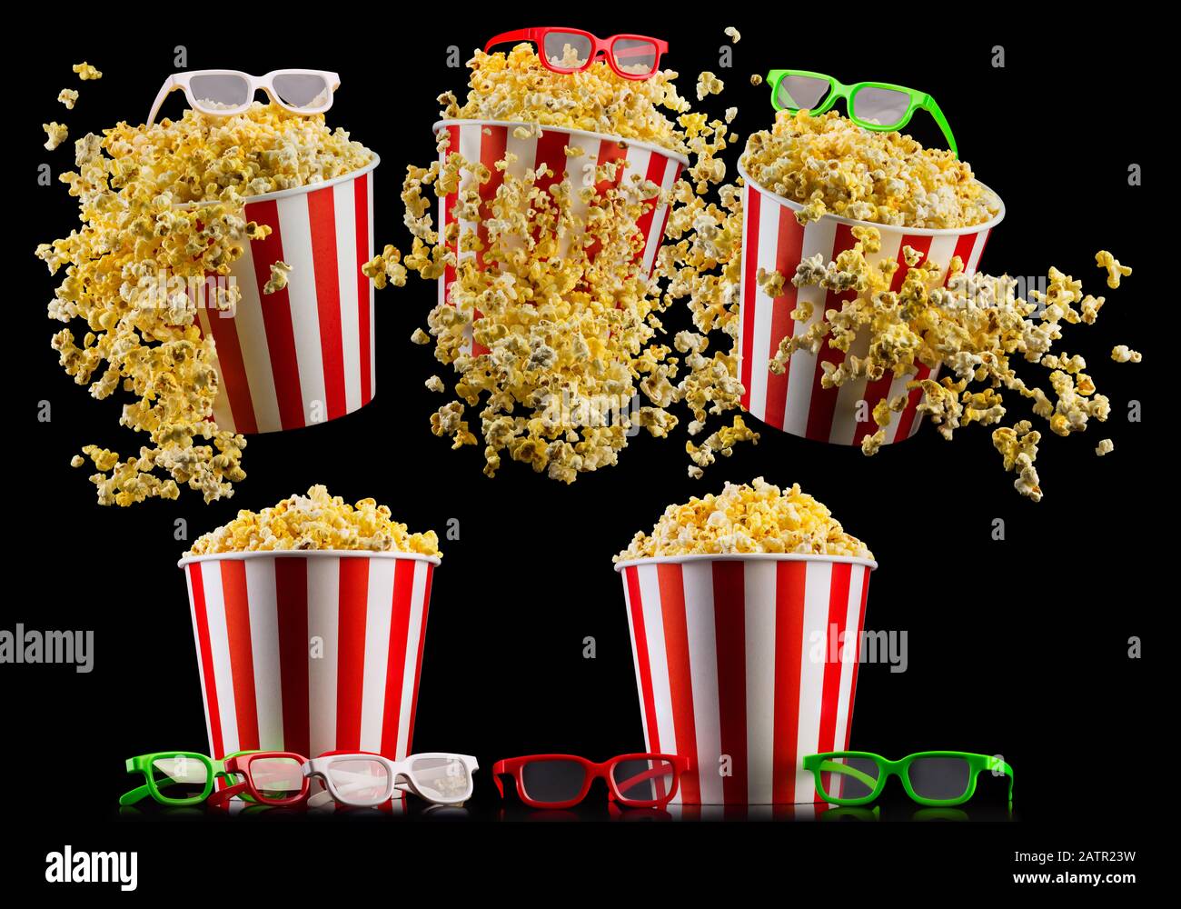 Set of buckets with popcorn and 3D glasses isolated on black background Stock Photo - Alamy
